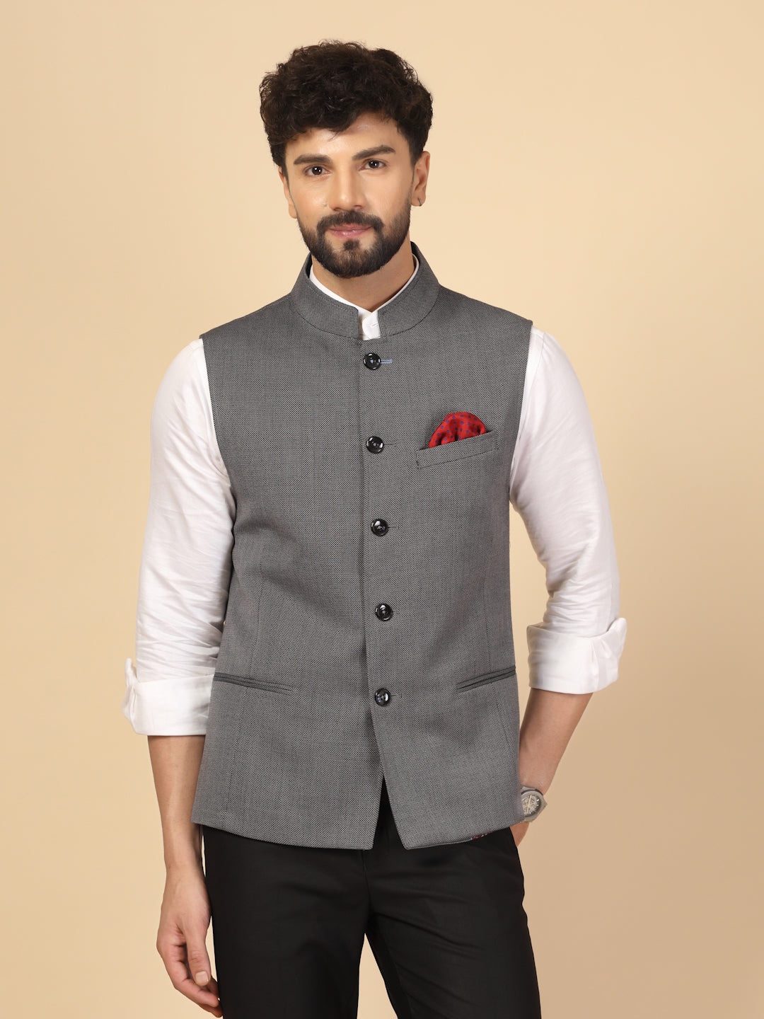 Charcoal Polywool Solid Nehru Jacket